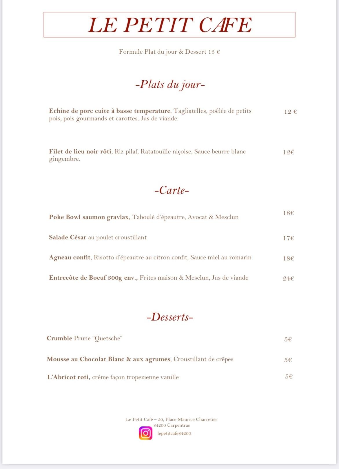 Menu au Le Petit Café, Carpentras