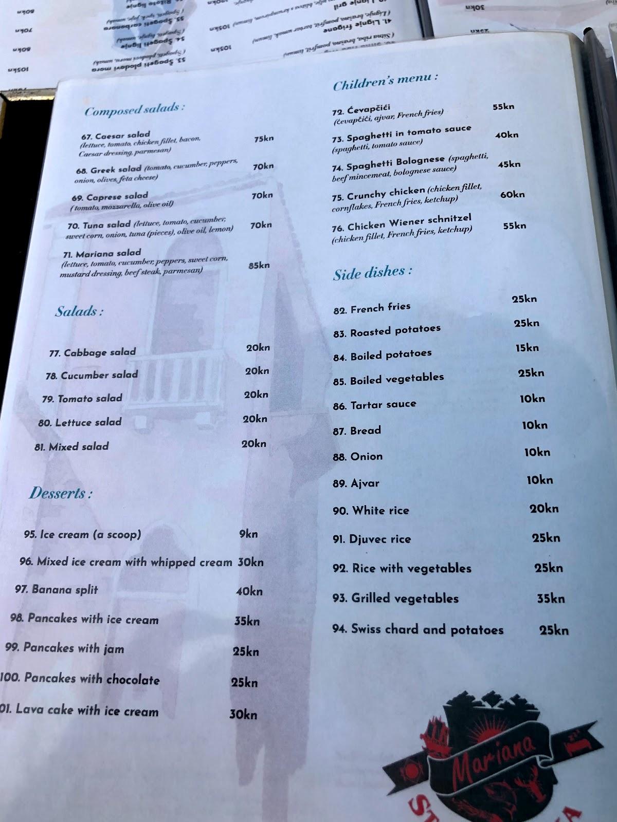 Menu da Restoran "Mariana" ristorante, Stara Baška