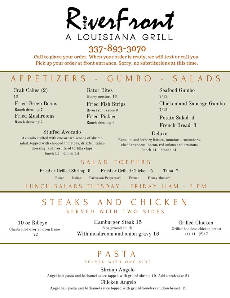 Menu at Riverfront steakhouse, Abbeville, 503 W Port St