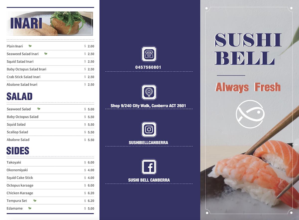 Menu at Sushi Bell restaurant, Canberra