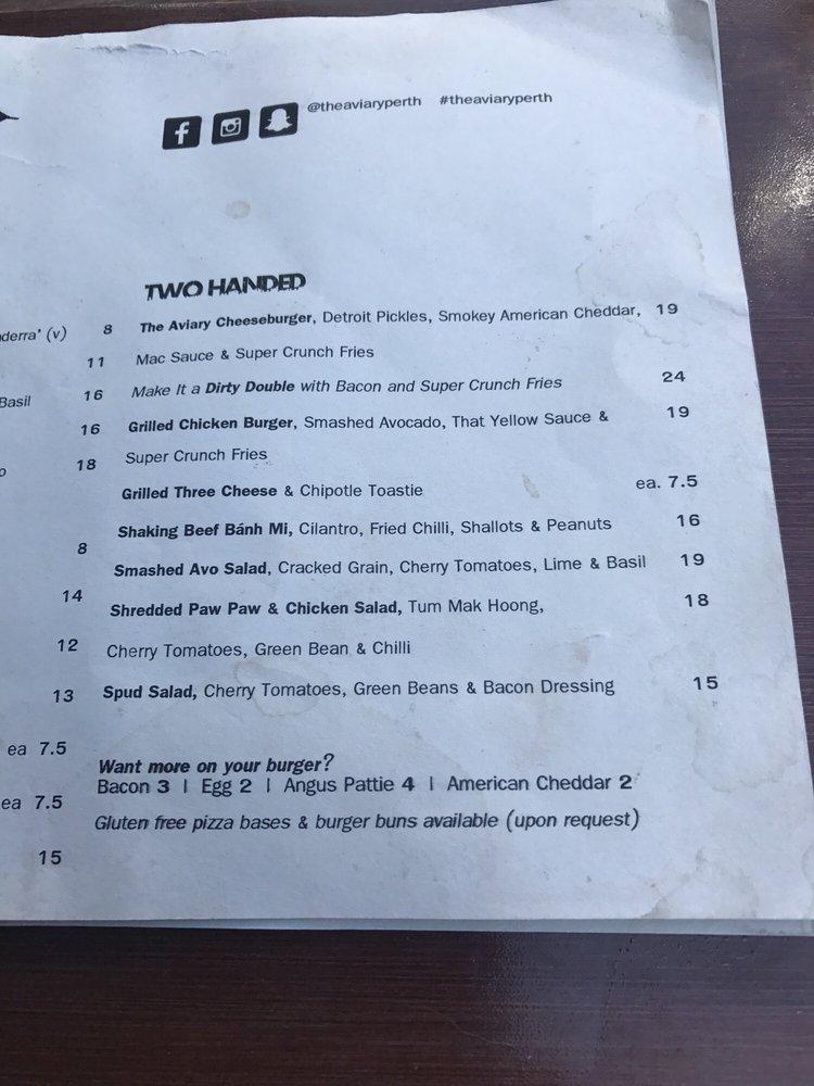 Menu at The Aviary Perth pub & bar, Perth