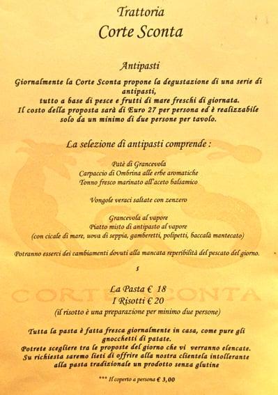 Menu at Corte Sconta restaurant, Venice, Calle del Pestrin