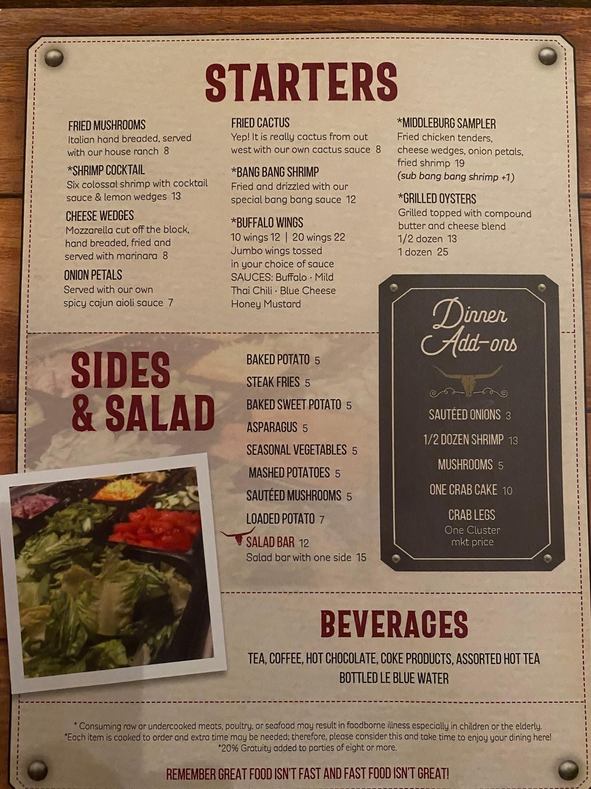 Menu at Middleburg Steak & Seafood steakhouse, Middleburg