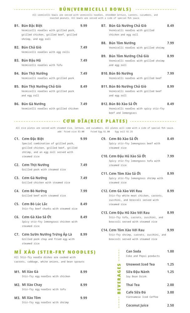 Menu at Pho 71 restaurant, Broken Arrow
