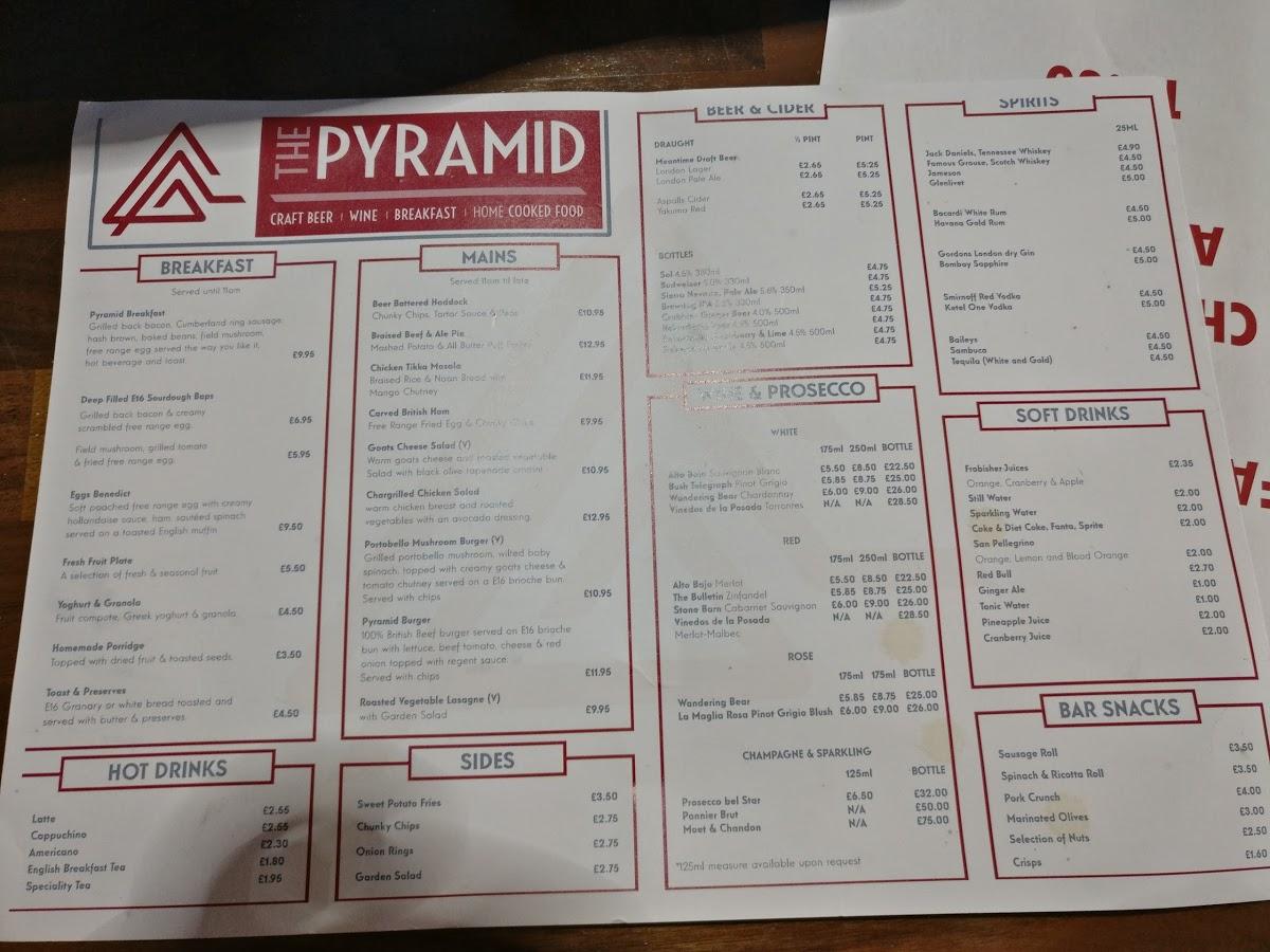 Menu at Pyramid restaurant, London, Royal Victoria Dock