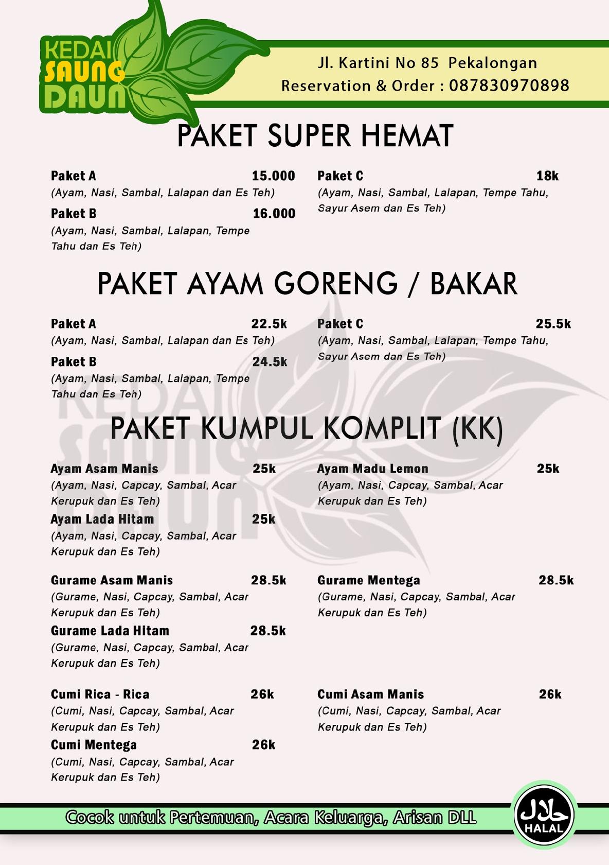 Menu at RM Saung Daun restaurant, Mojosari