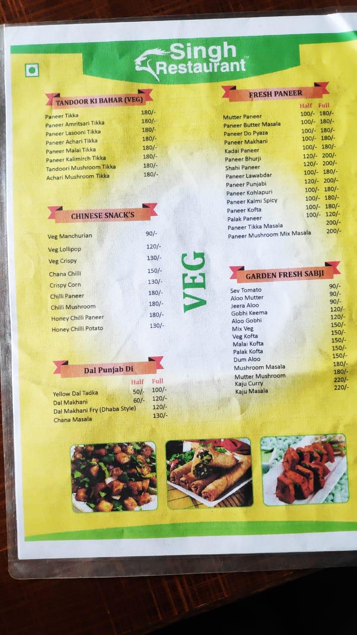 Menu at Singh Restaurant, Indore, Omshanti Rd