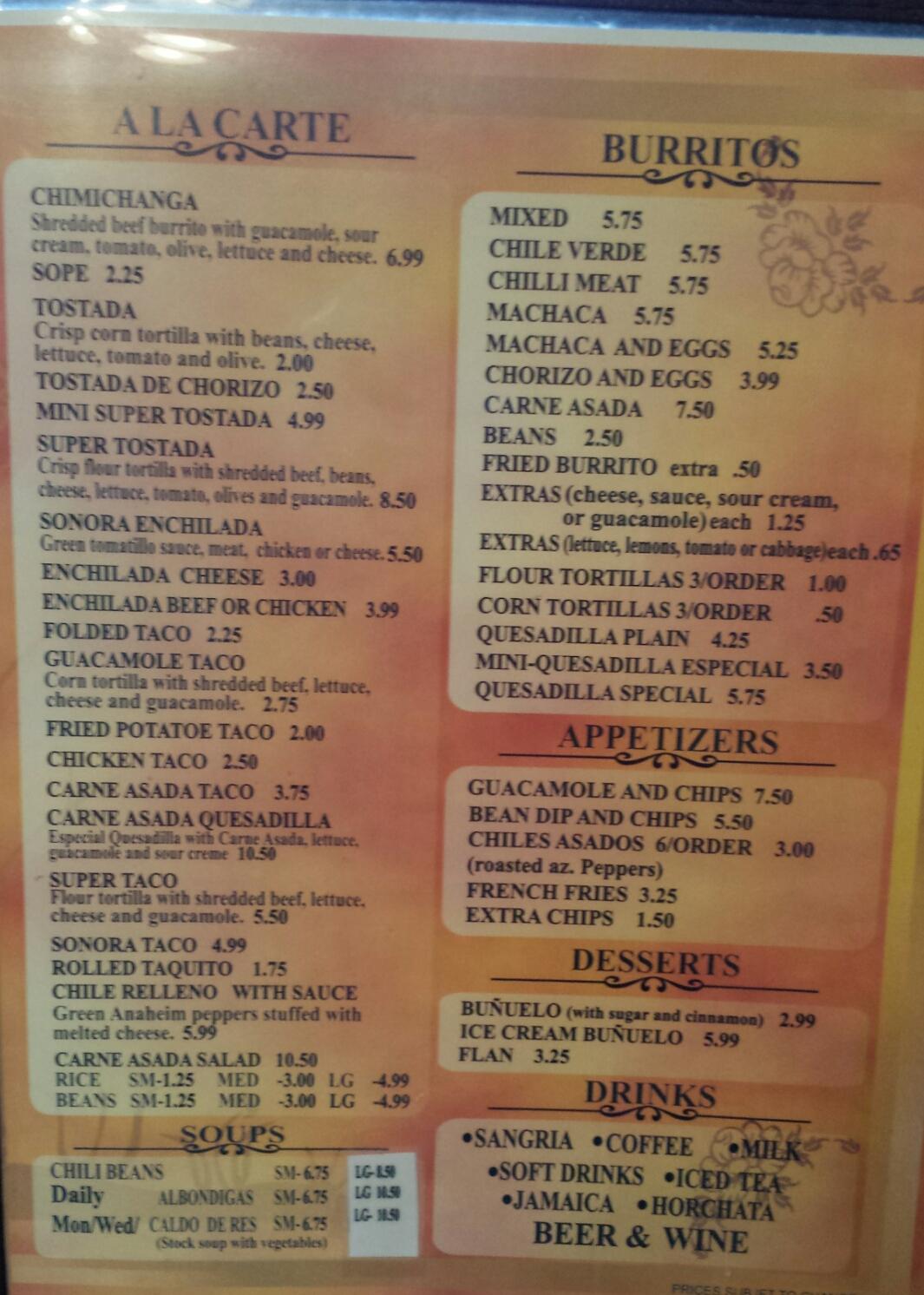 Menu at Sobe's restaurant, El Centro