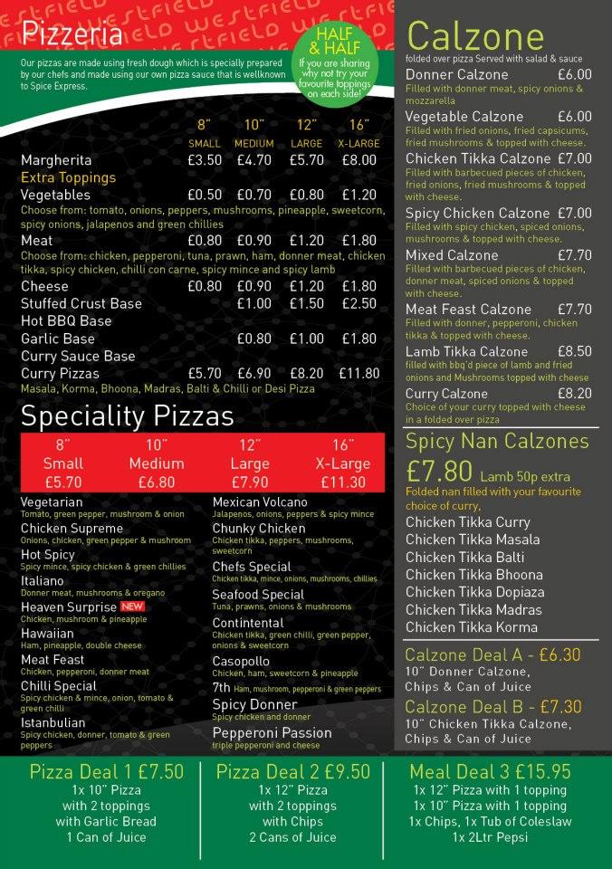 Menu at Spice Express Takeaway Cumbernauld pizzeria, Cumbernauld