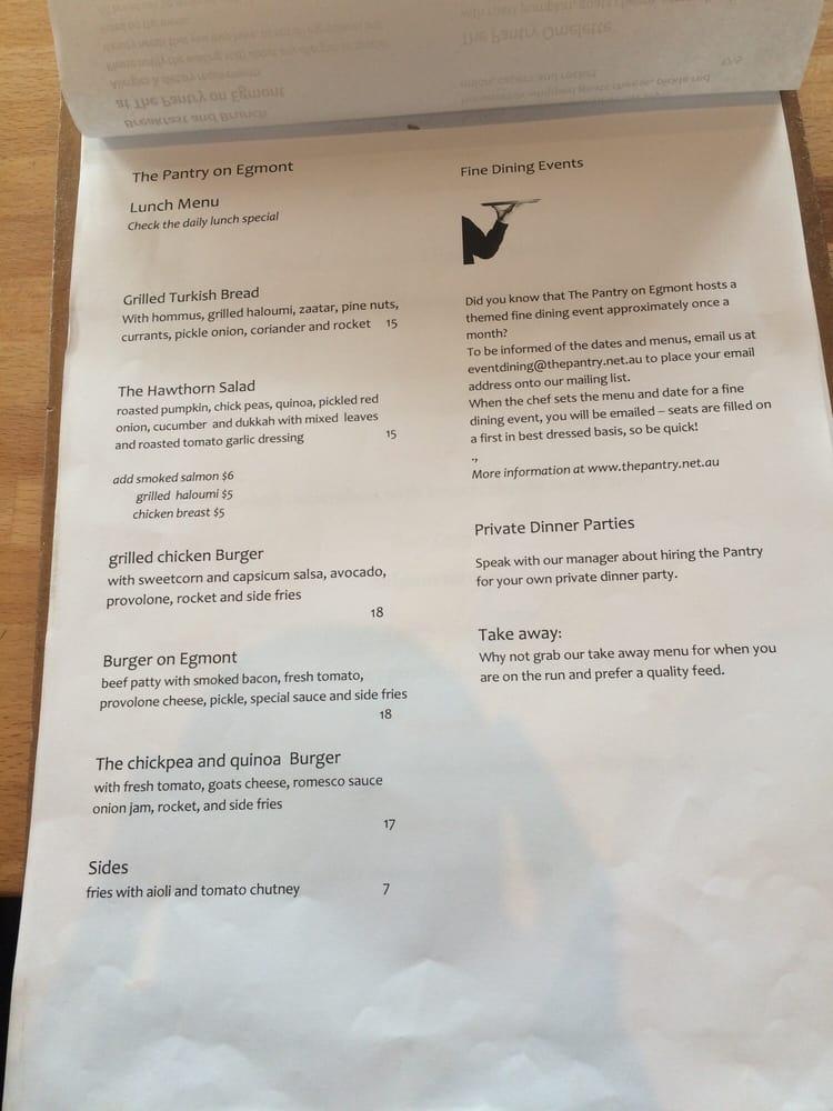 Menu at The Pantry cafeteria, Hawthorn