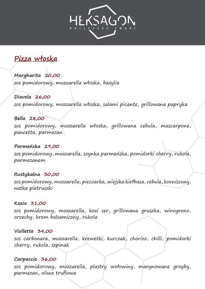 Menu at Heksagon restaurant, Łódź