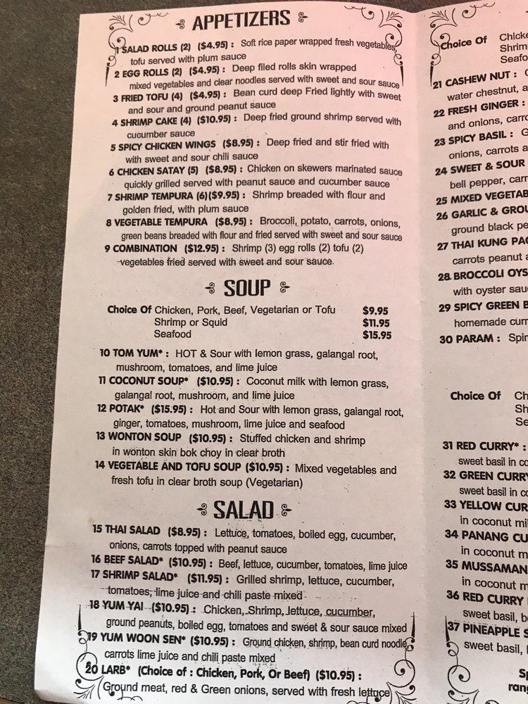 Menu at Thai Dish Cuisine restaurant, Silverton