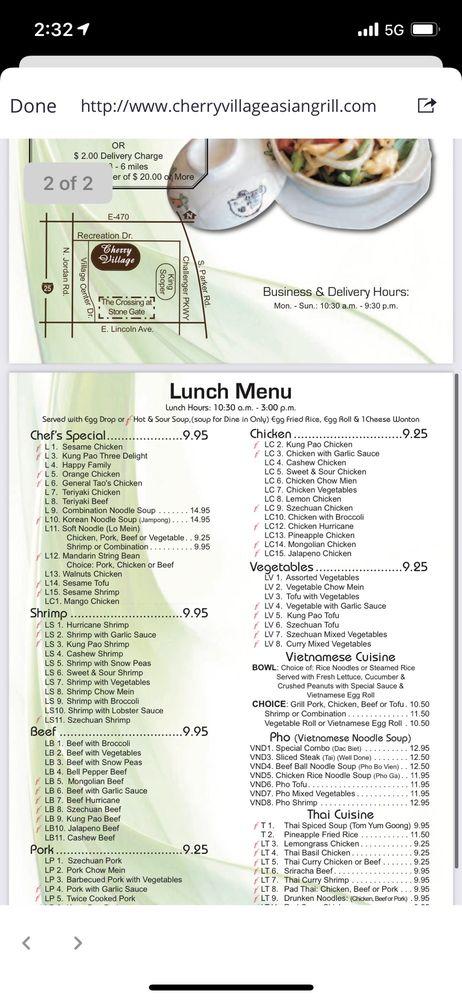 Menu at Cherry Village Asian Grill restaurant, Parker