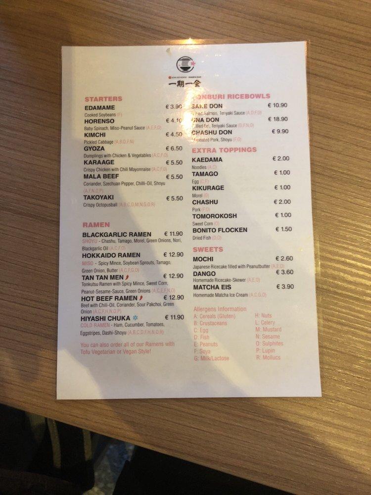 Menu at Ichi go Ichi e restaurant, Salzburg