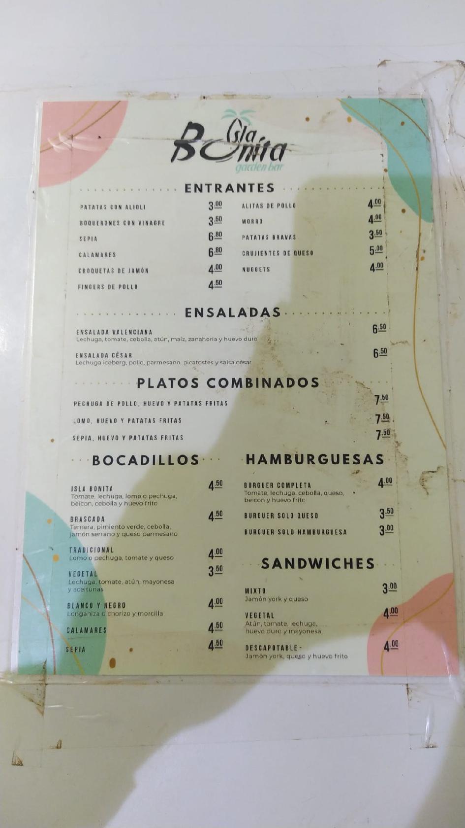 Carta de Isla Bonita - Snack Bar, Grau y Playa