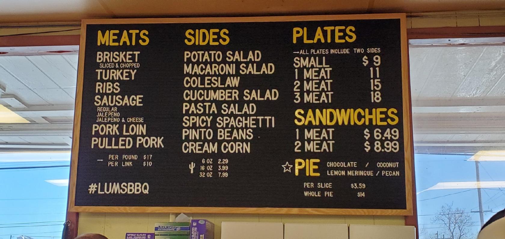 Menu at Lum's BBQ, Junction