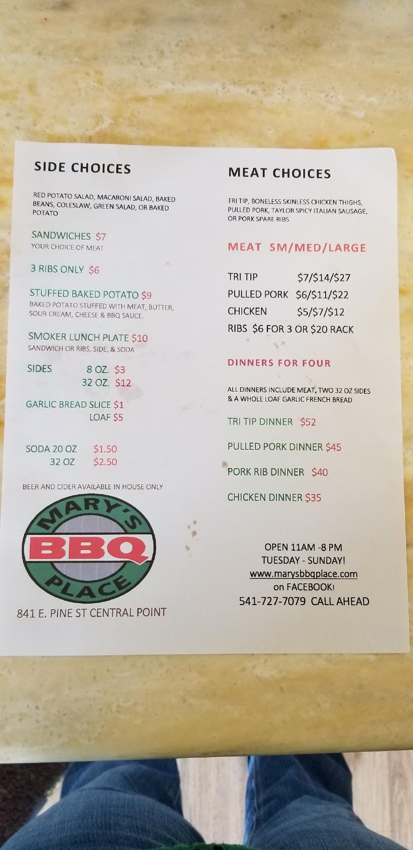 Menu at Mary's BBQ Place, Central Point