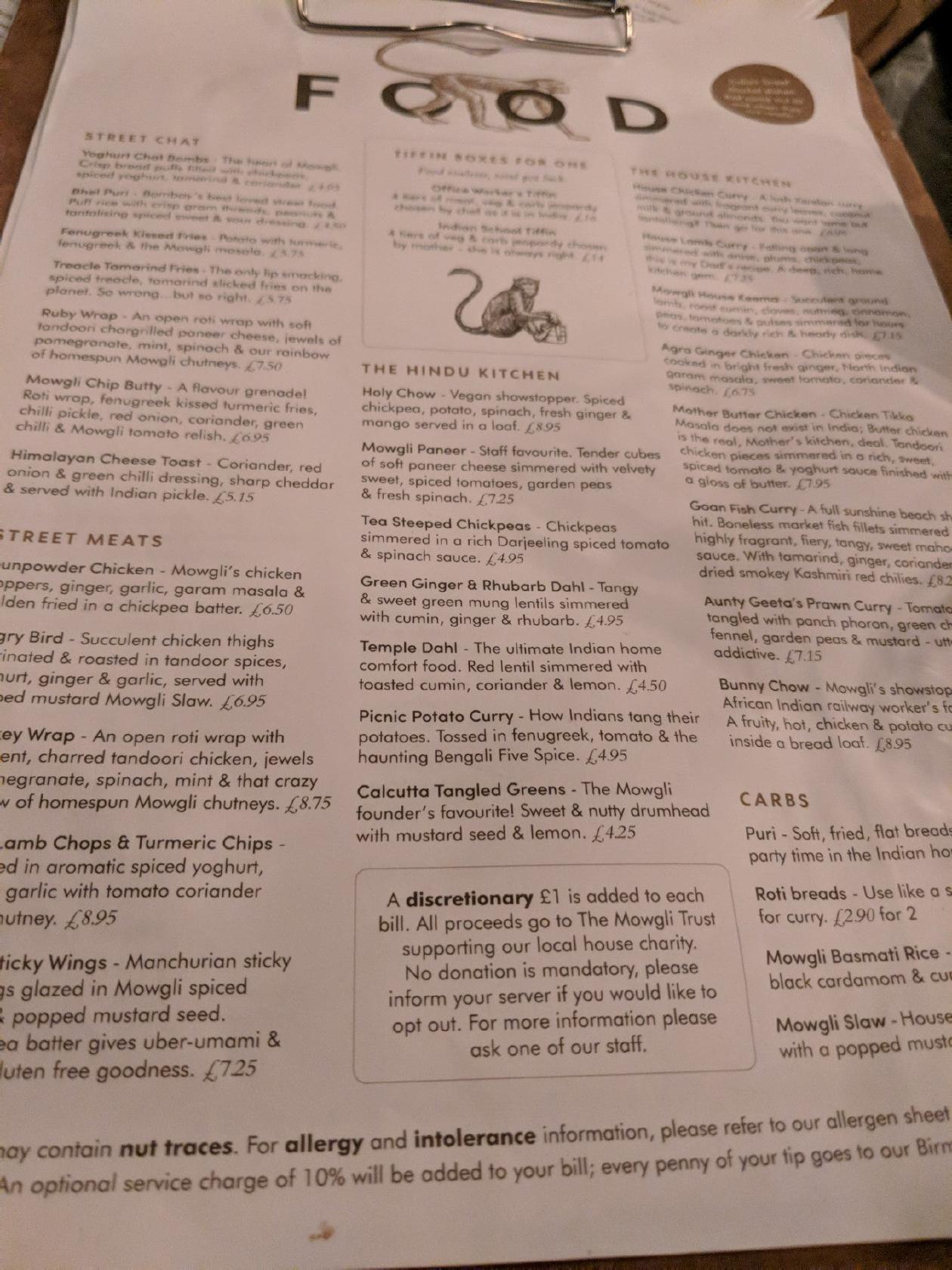 Menu at Mowgli Street Food Birmingham restaurant, Birmingham
