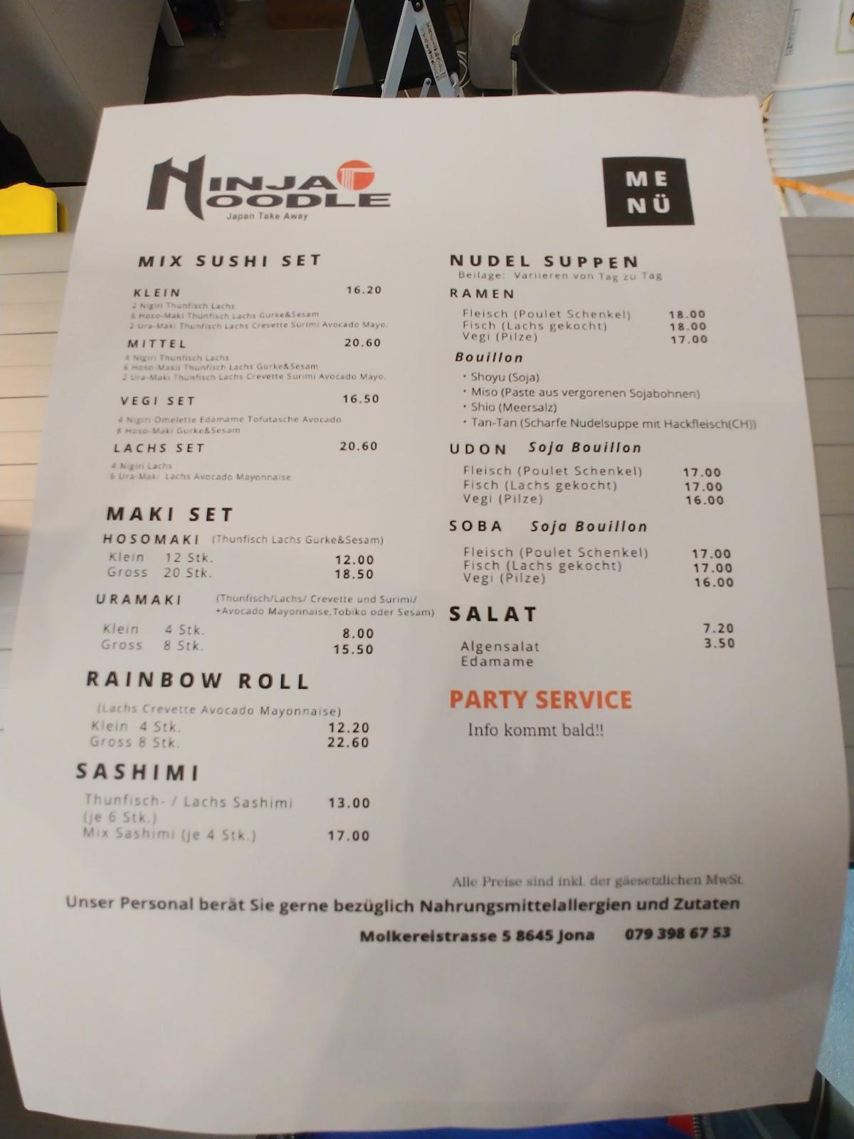 Speisekarte von Ninja Noodle, Rapperswil-Jona