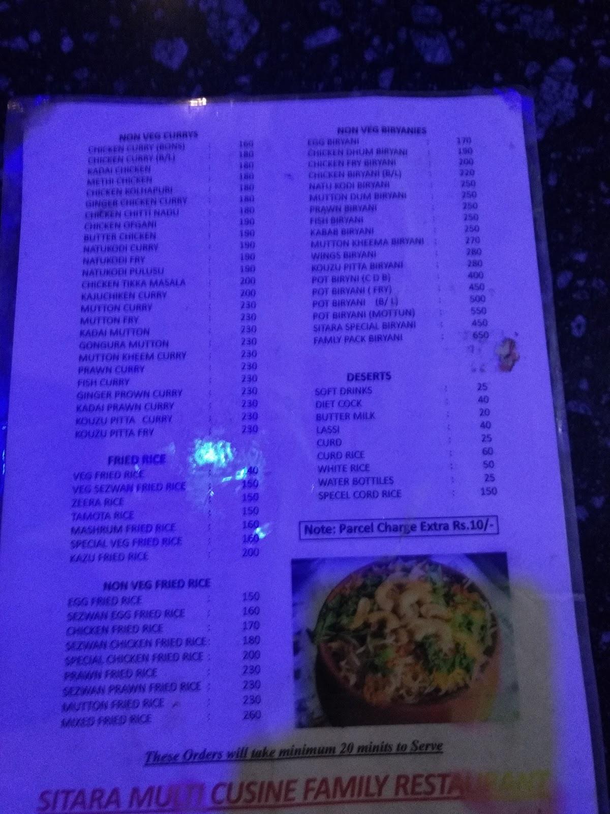 Menu at Sitara Multicuisine Family restaurant, Piduguralla