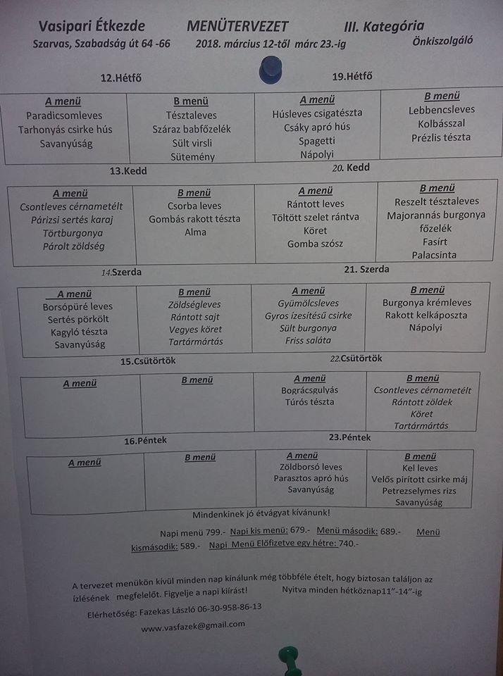 Menu at Vasipari restaurant, Szarvas