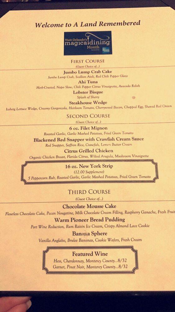 Menu at A Land Remembered steakhouse, Orlando, Universal Blvd