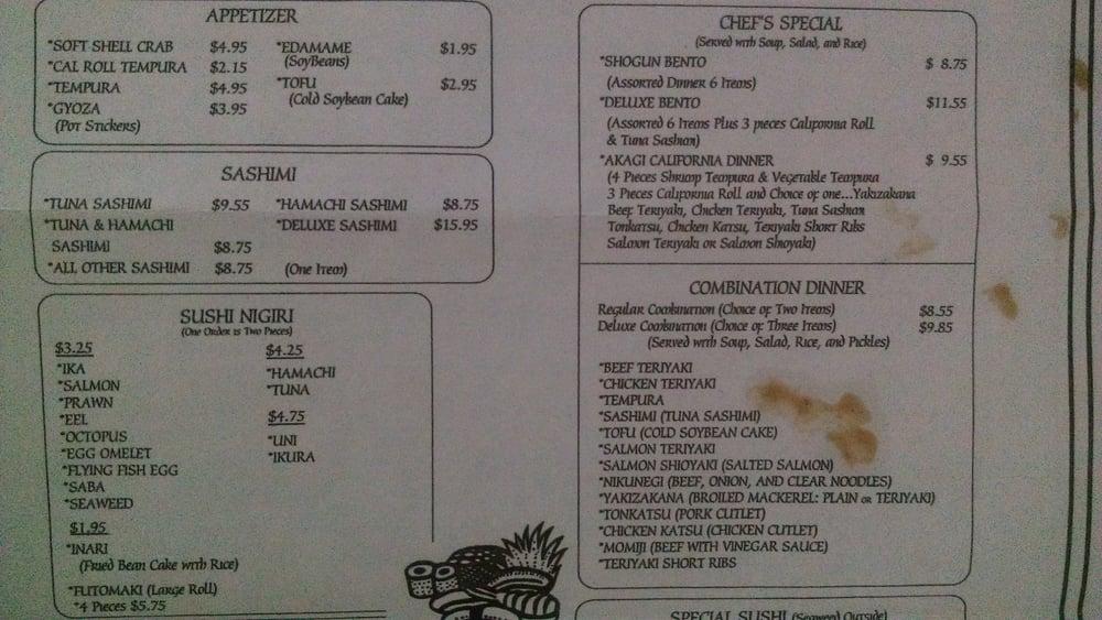 Menu at Akagi Restaurant, San Bruno