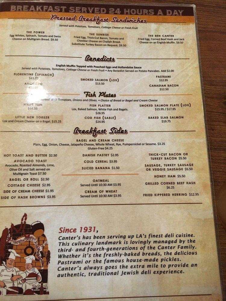Menu at Canter's Deli restaurant, Los Angeles