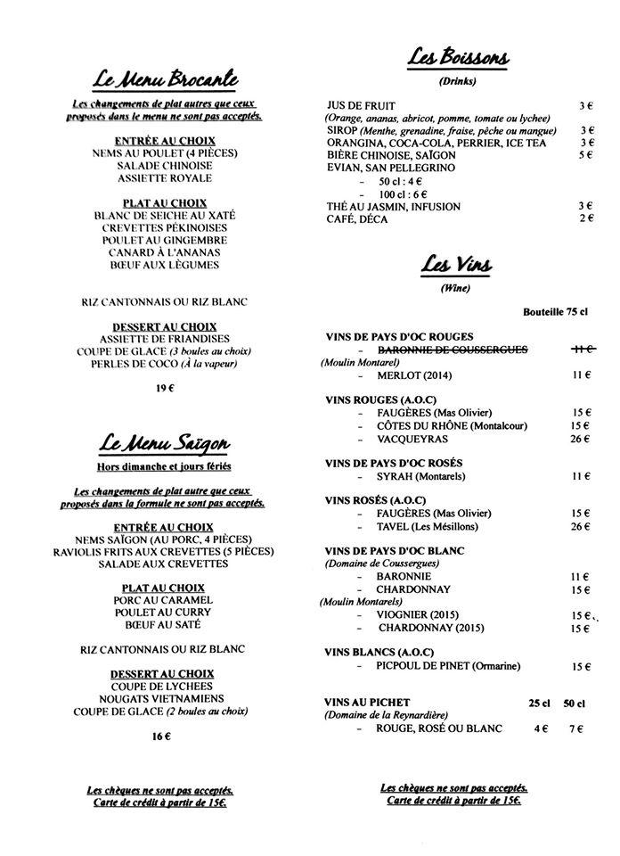 Menu at Le Grain de Riz restaurant, Pézenas