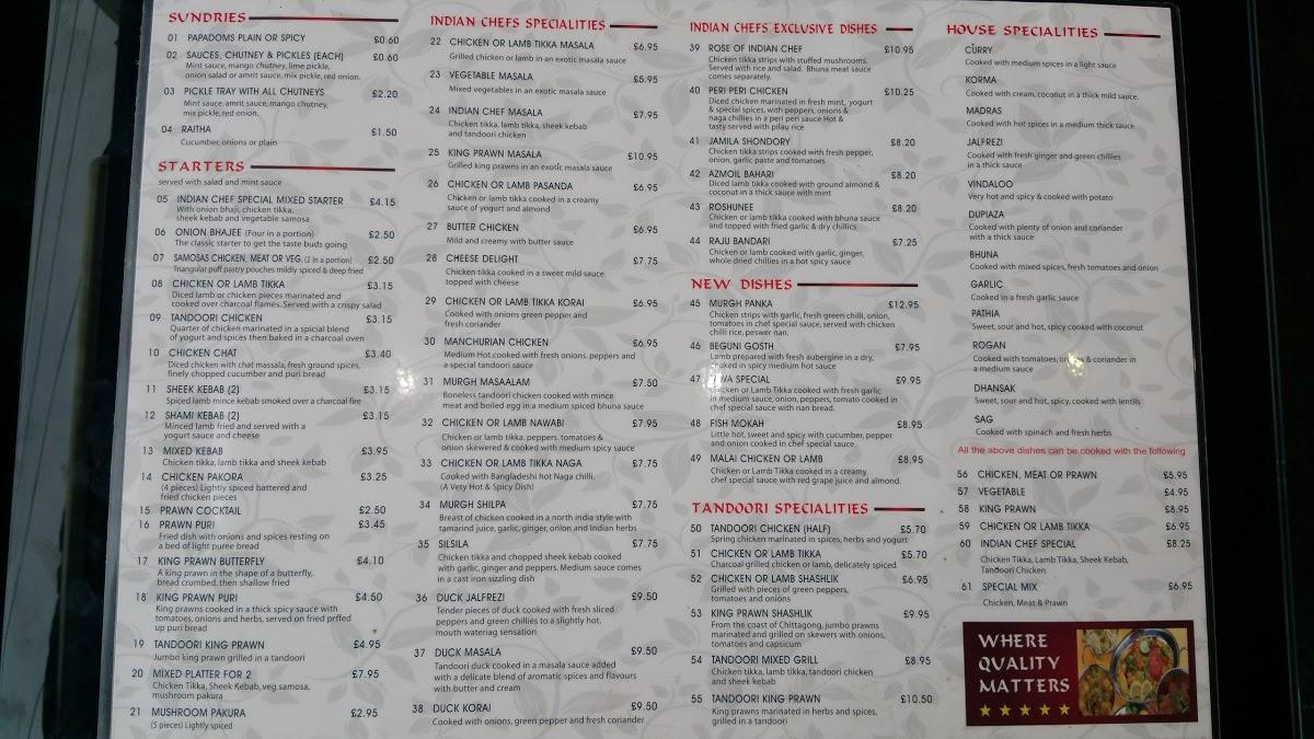 Menu at Indian Chef restaurant, Woodford Halse