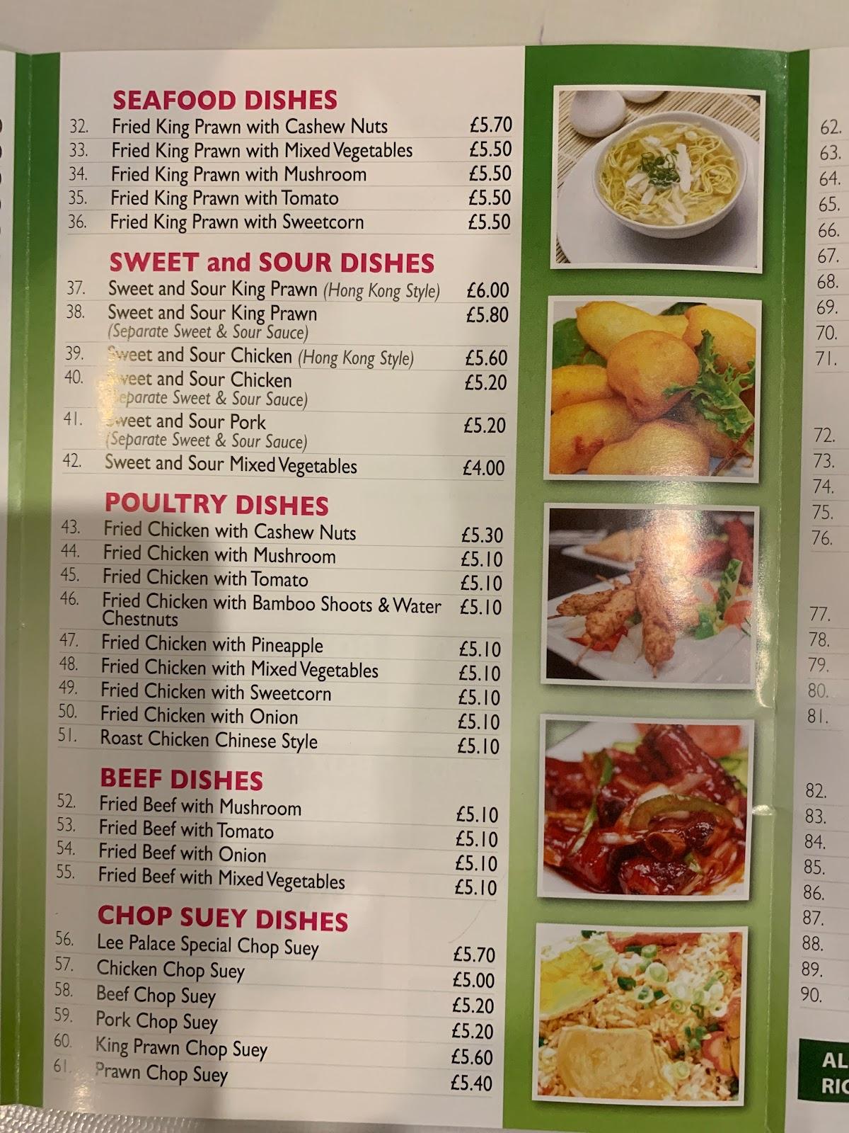 Menu at Lee Palace restaurant, Glasgow