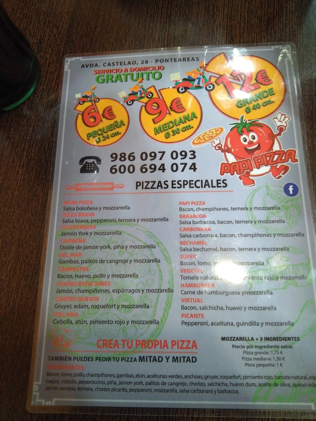 Carta del restaurante Papi Pizza, Puenteareas