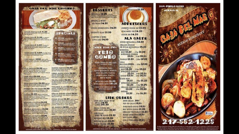 Menu at Casa Del Mar restaurant, Urbana