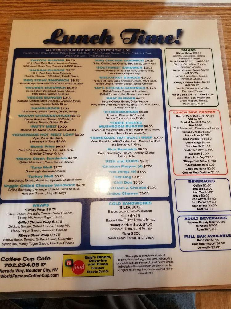 Menu at The Coffee Cup Cafe, Boulder City