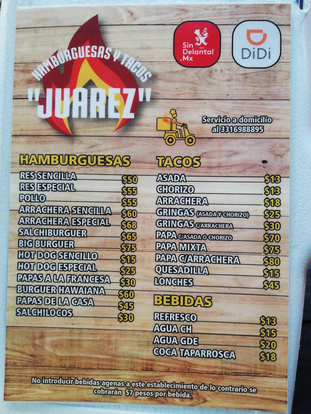 Menu at HAMBURGUESAS Y TACOS JUAREZ restaurant, Guadalajara