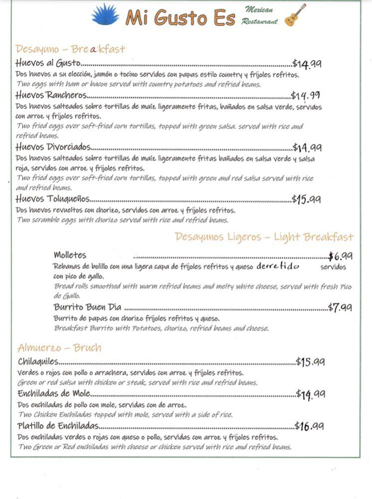 Menu at Mi Gusto Es Mexican Restaurant, Gilroy