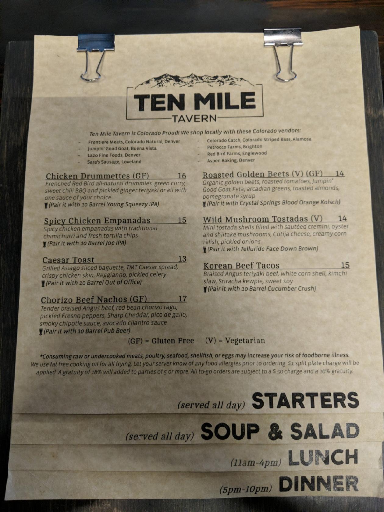 Menu at Ten Mile Tavern pub & bar, Copper Mountain, 209 Ten Mile Cir