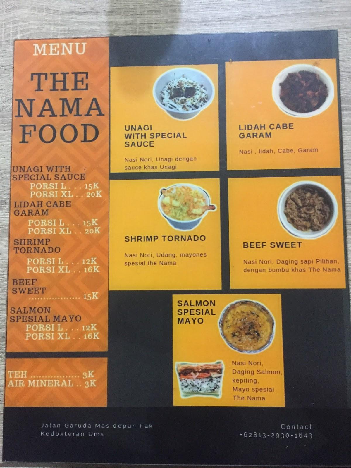 Menu at The Nama Food Factory 2 restaurant, Surakarta