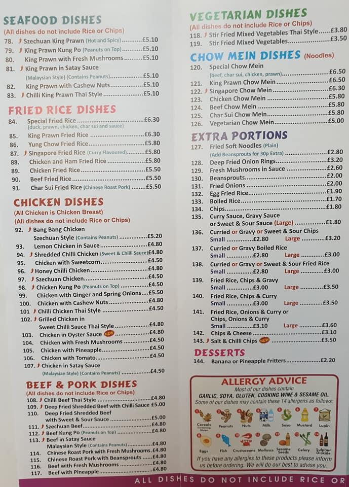 Carta de The Beijing Chinese Restaurant & Takeaway, Montrose