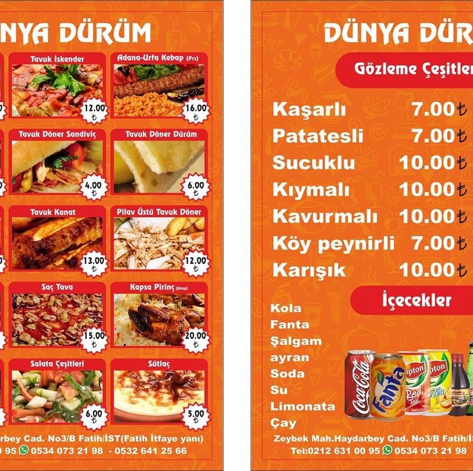 Menu at dunya durum, Istanbul, heyder bey cad.