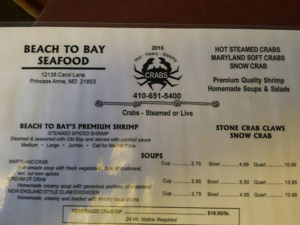 Menu at Beach to Bay restaurant, Princess Anne