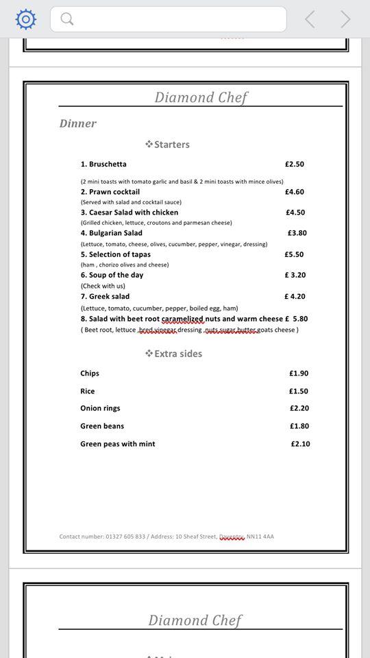 Menu at Diamond Chef restaurant, Daventry