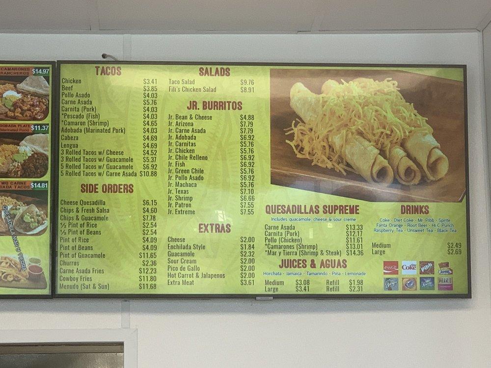 Menu at Filiberto's Mexican Food restaurant, Tucson, W Cortaro Crossing Dr