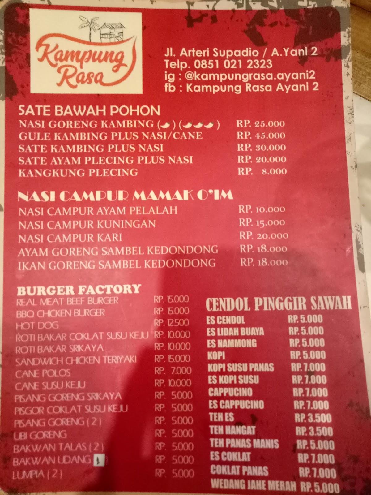 Menu at Kampung Rasa restaurant, Pontianak