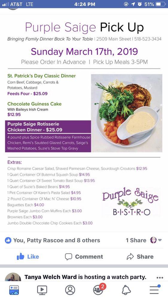 Menu at Purple Saige Bistro restaurant, Lake Placid