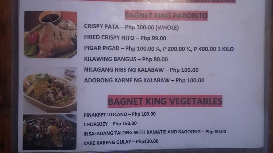 Menu at Bagnet King restaurant, San Carlos City