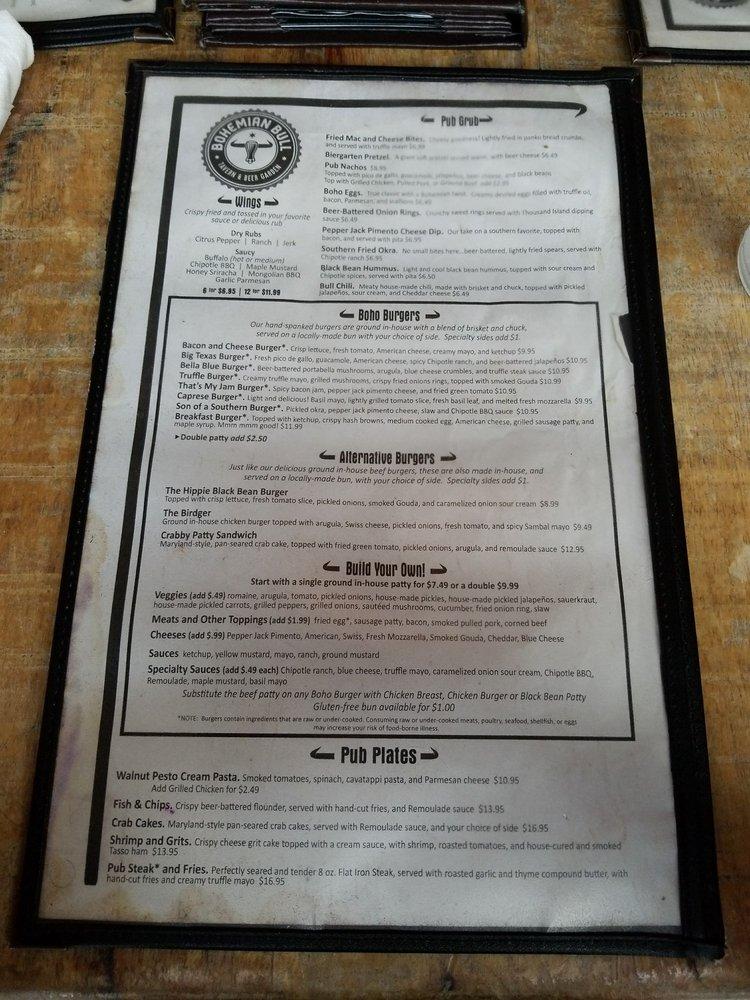 Menu at Bohemian Bull restaurant, Charleston