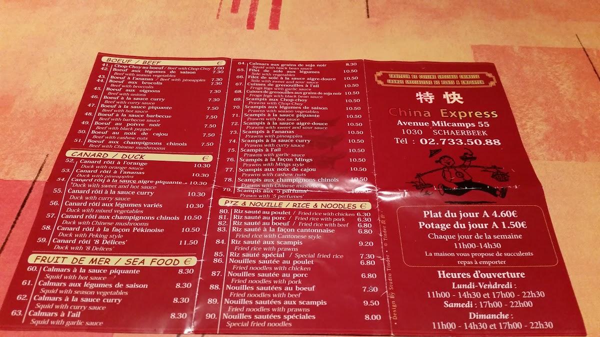 Menu au China Express 2, Schaerbeek, Av. Milcamps 55