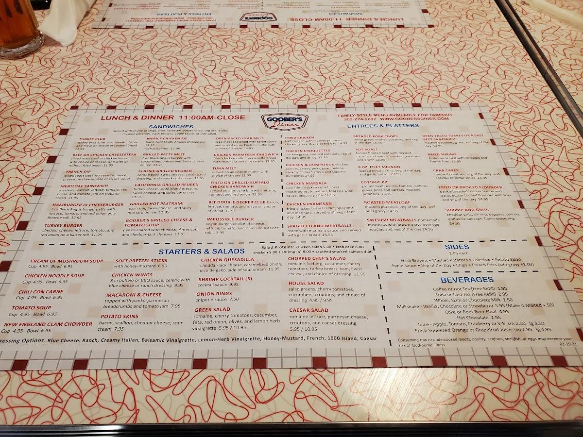 Menu at Goobers Diner restaurant, Wilmington