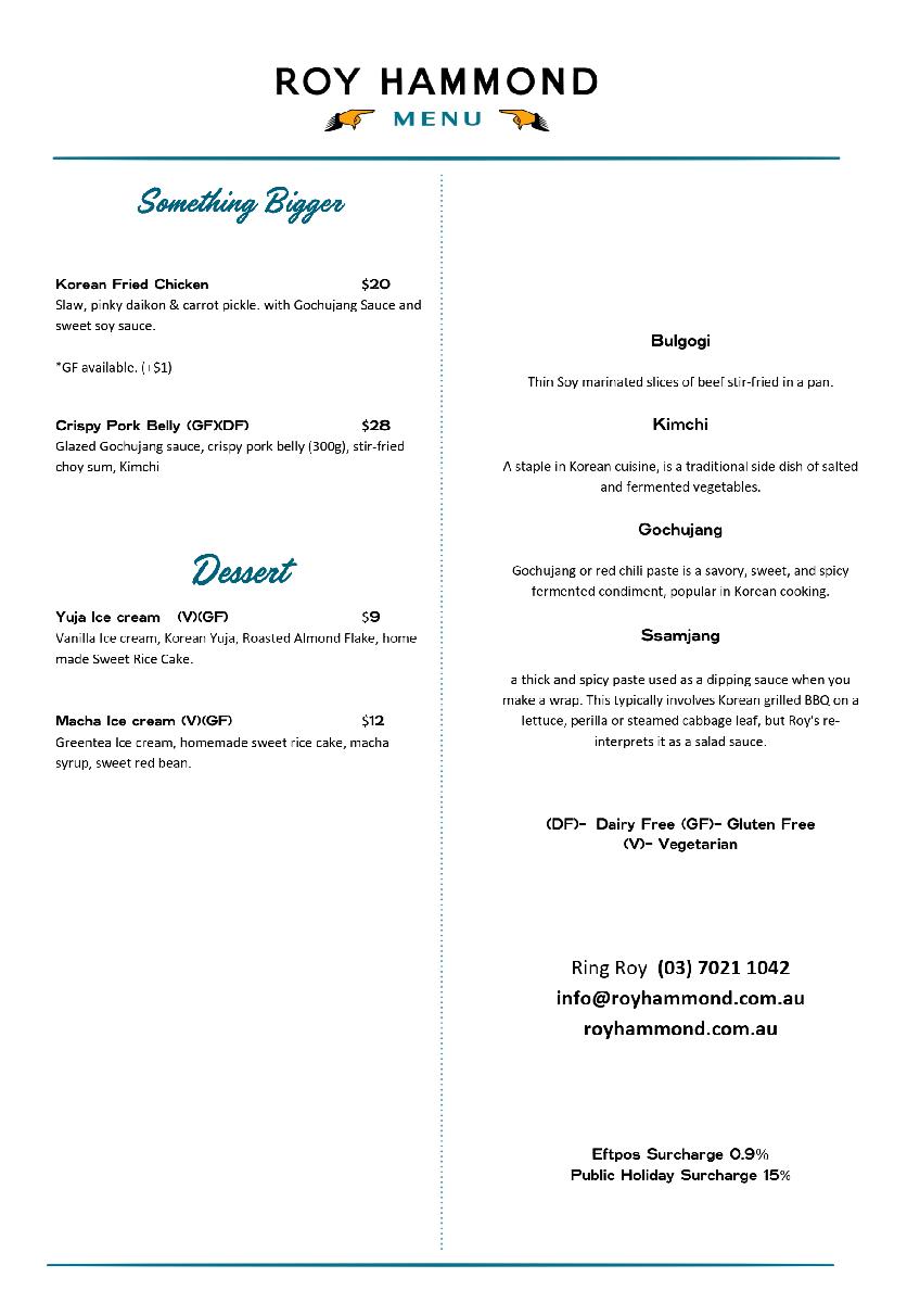 Menu at Roy Hammond pub & bar, Ballarat Central